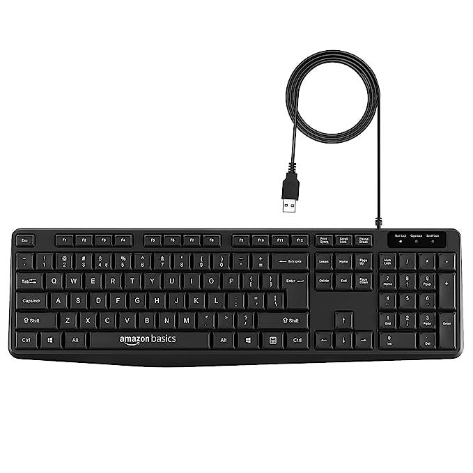 Amazon Basics Wired Keyboard with 104 Keys for Windows, Mac OS Compute